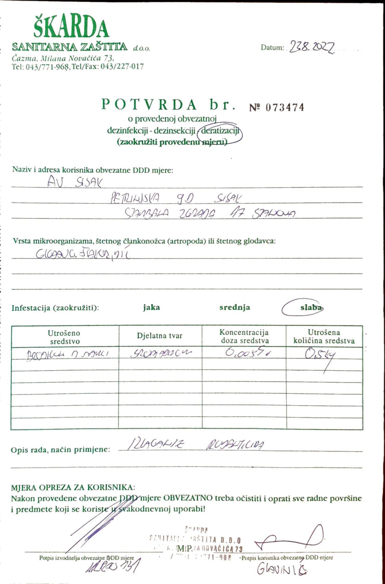 Deratizacija – kolovoz 2022. – Petrinjska 9D – Sisak